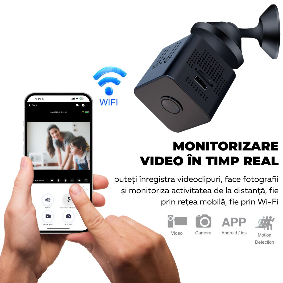 Mini Camera Spion, Wi-Fi, Prindere magnetica, Suport rotativ 360 ...