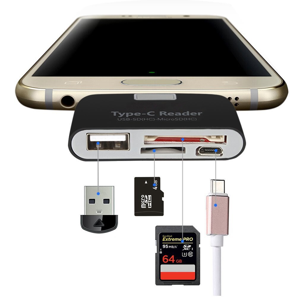 Mini OTG smart card reader cu led 4 in 1 Usb/TF/SD/ Type-c, negru - eMAG.ro