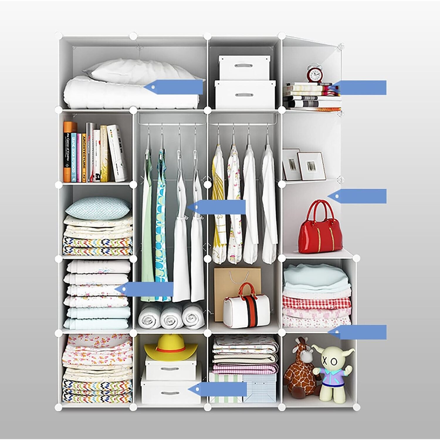 Dulap modular pentru haine, 183x147x47 cm, 20 compartimente, 4 bare ...