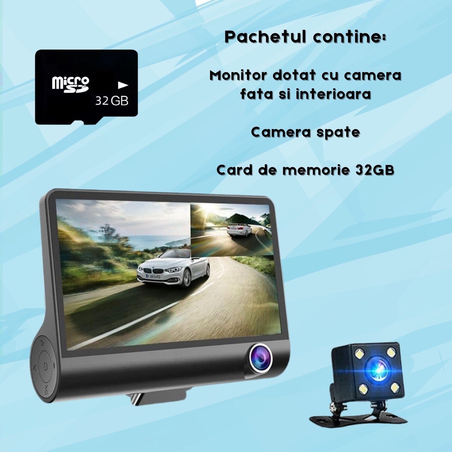 Sistem complet de inregistrare auto, camera tripla Full HD pentru fata ...