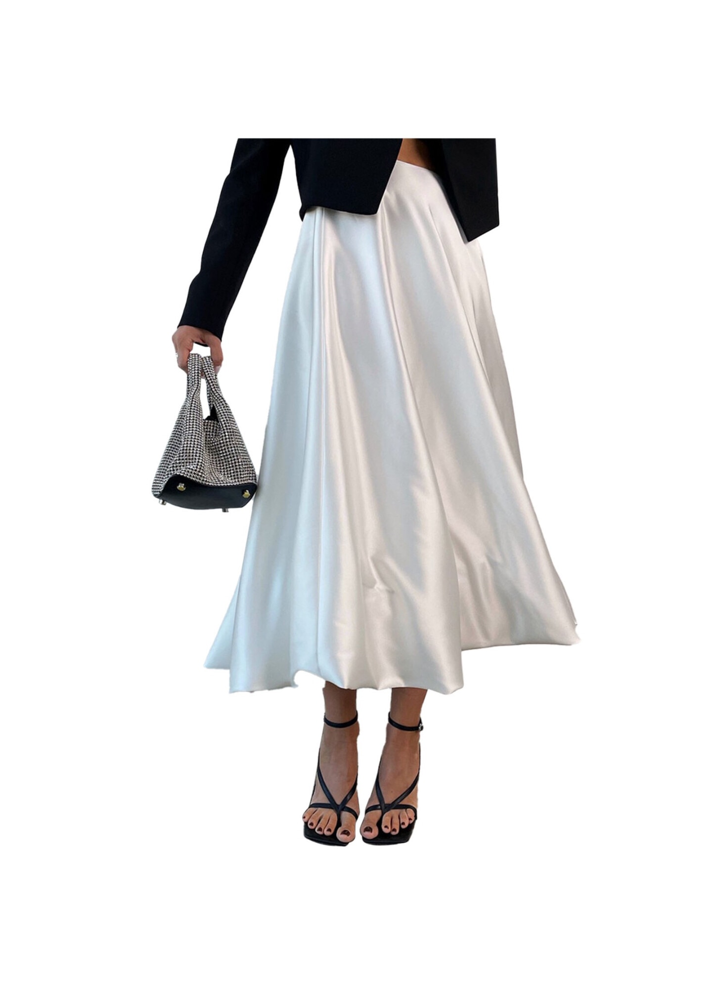 Fusta A Line, talie inalta, culoare alba, satin, fermoar ascuns, L INTL ...