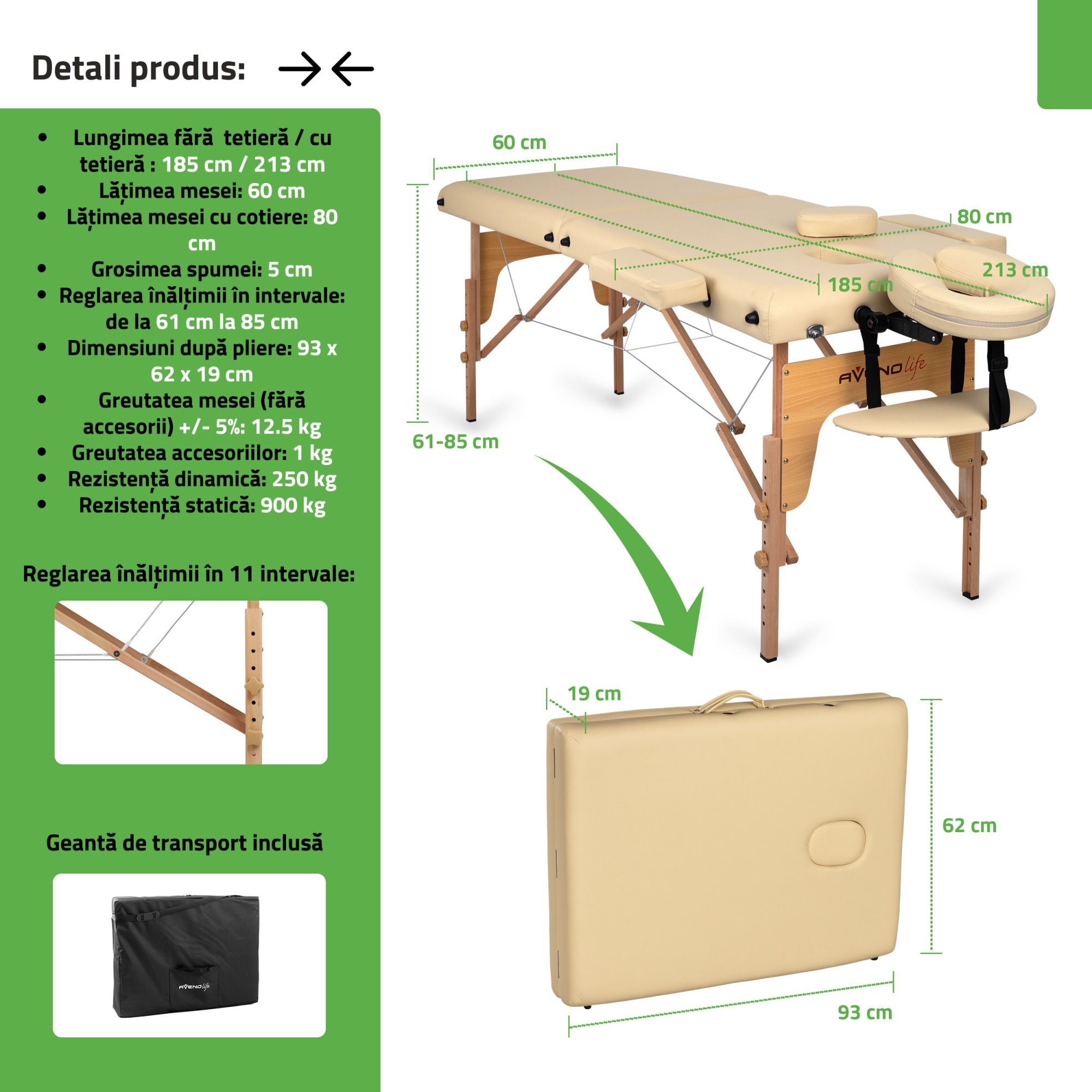 Masa de masaj pliabila /portabila universala, Aveno Life Sofia Light, cu tetiera, usor de ...