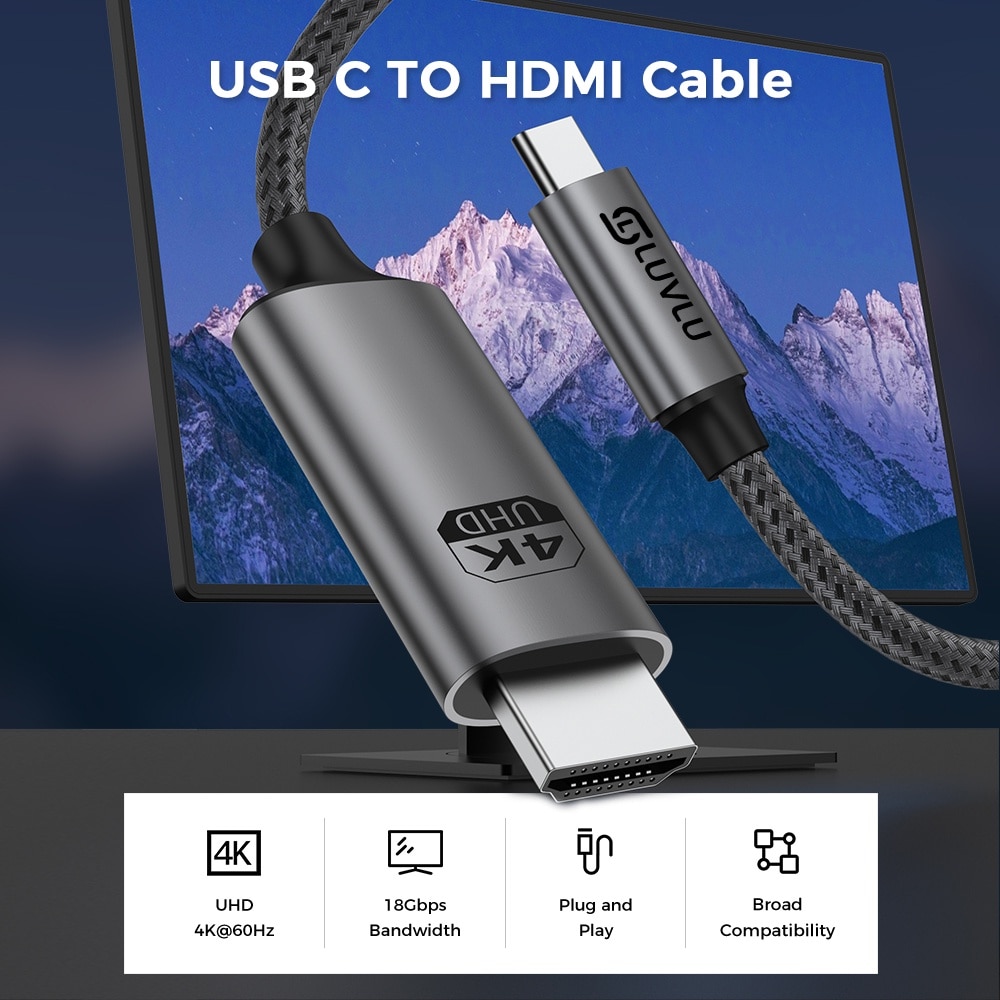 Cablu USB C la HDMI LUVLU®, UHD 4k@60Hz, viteza 18Gbps, 3D, HDR, HDCP ...