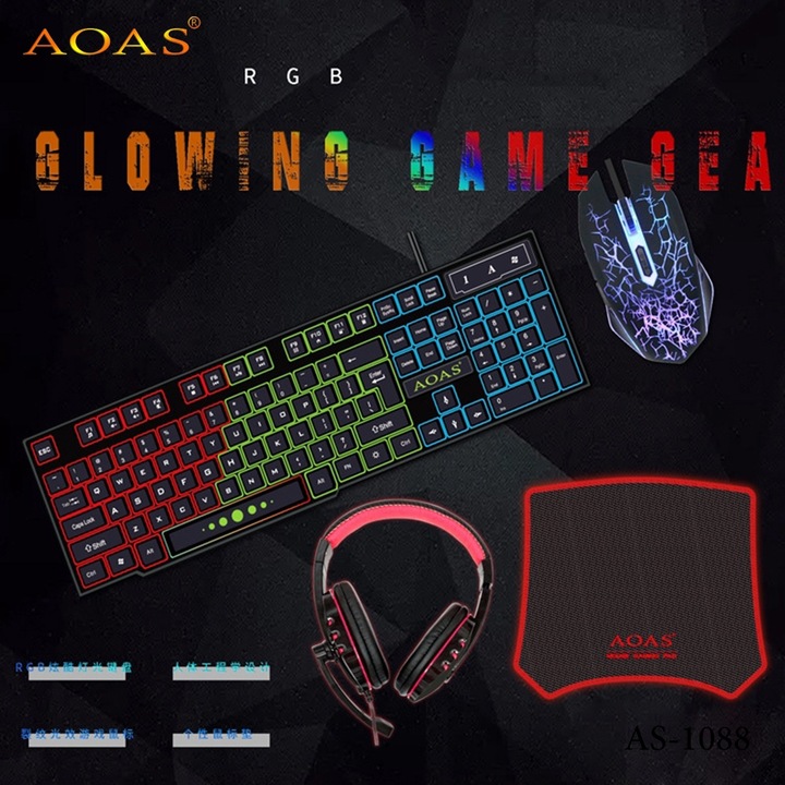 Set gaming tastatura/mouse/casti/mouse pad, AOASTech, 4 in 1, RGB ...