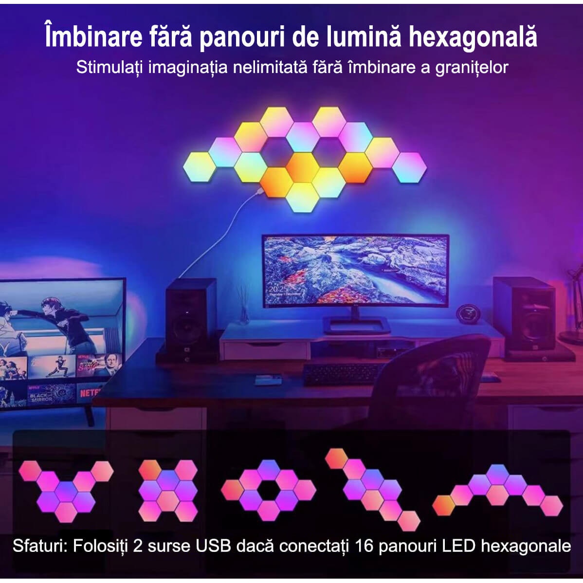 Lumini LED hexagonale de perete, pachet de 10, sincronizare muzicala ...