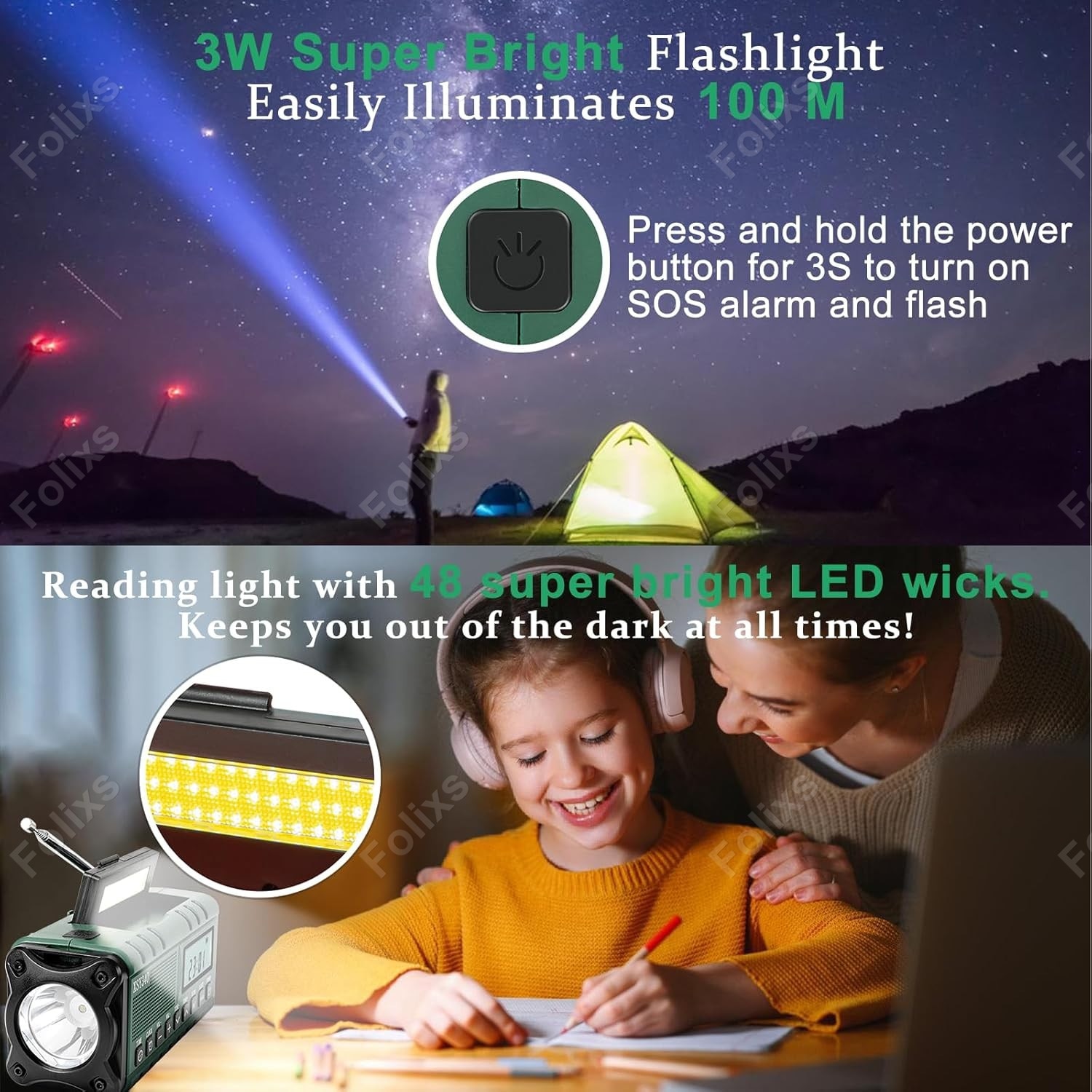 Radio meteo de urgenta，Folixs®，lanterna LED，4 moduri de incarcare ...