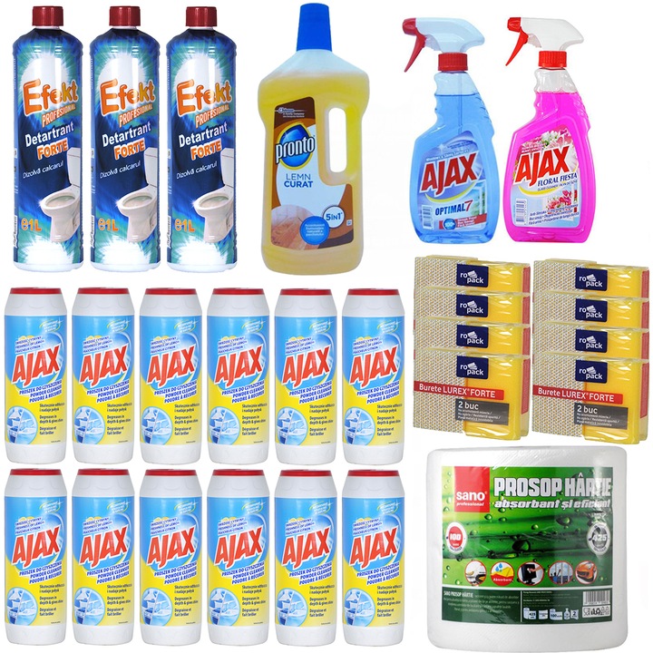 Pachet - 12 x Ajax Lamaie Praf de curatat, 450g + 8 x Set Bureti de ...