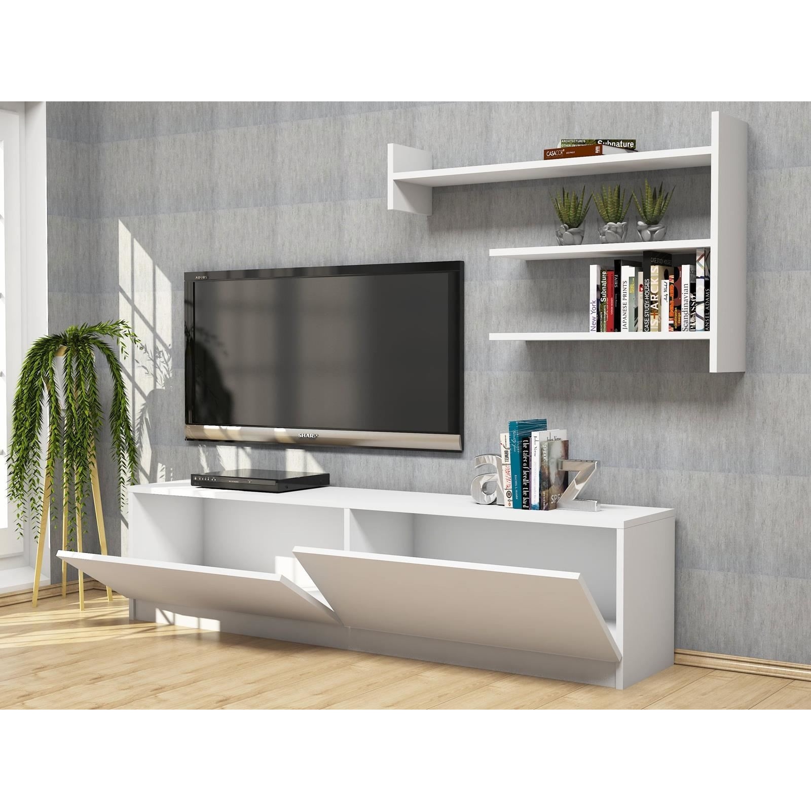 Comoda Tv cu raft suspendat Martin Modella, 160x33.6x 40 cm, alb, pal ...