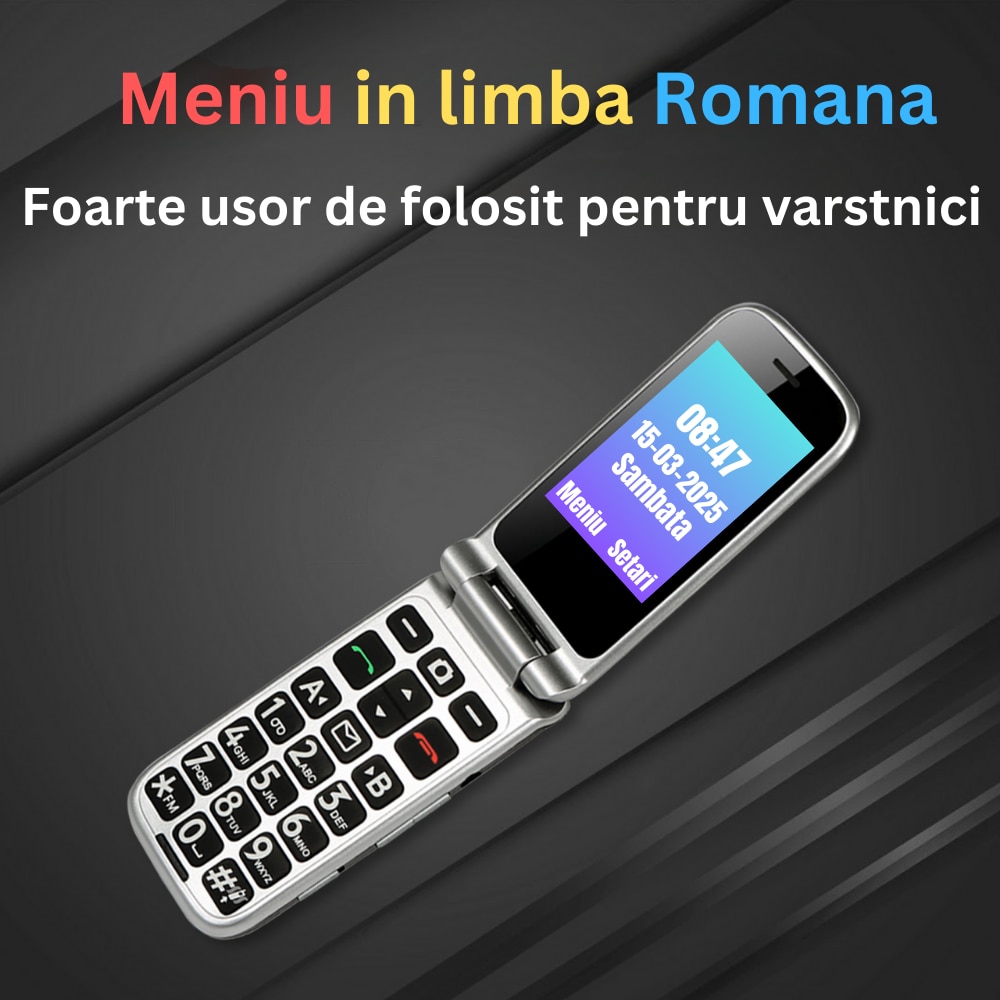 Telefon mobil cu clapeta pentru seniori, meniu in limba Romana, Display ...