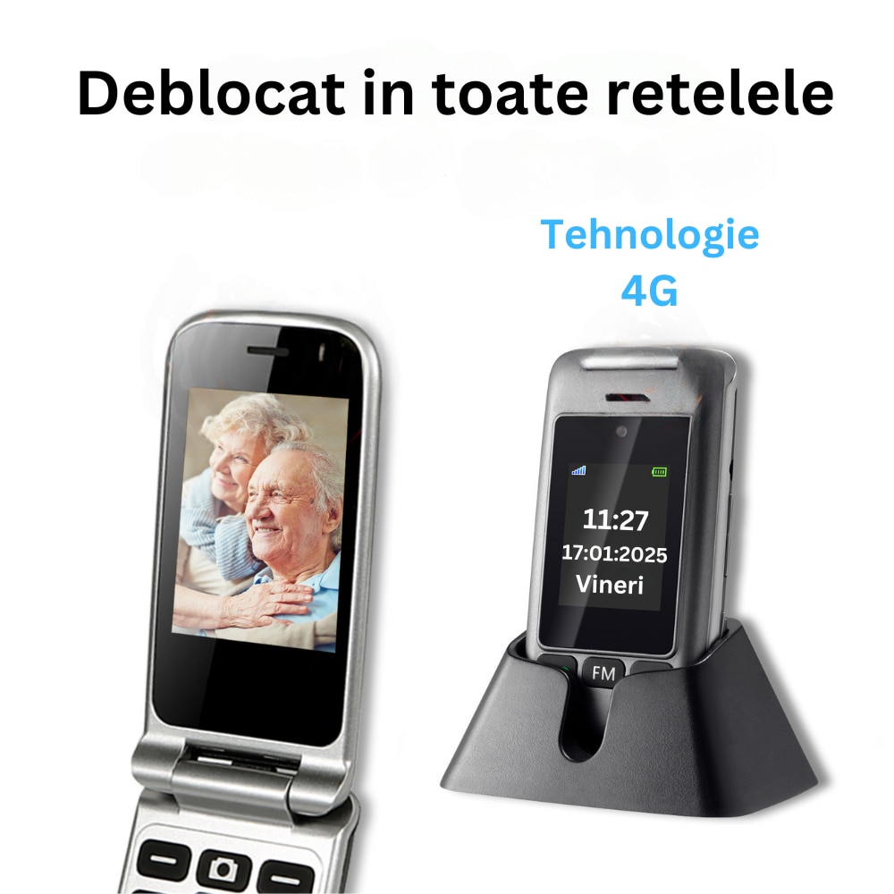 Telefon mobil cu clapeta pentru seniori, meniu in limba Romana, Display ...
