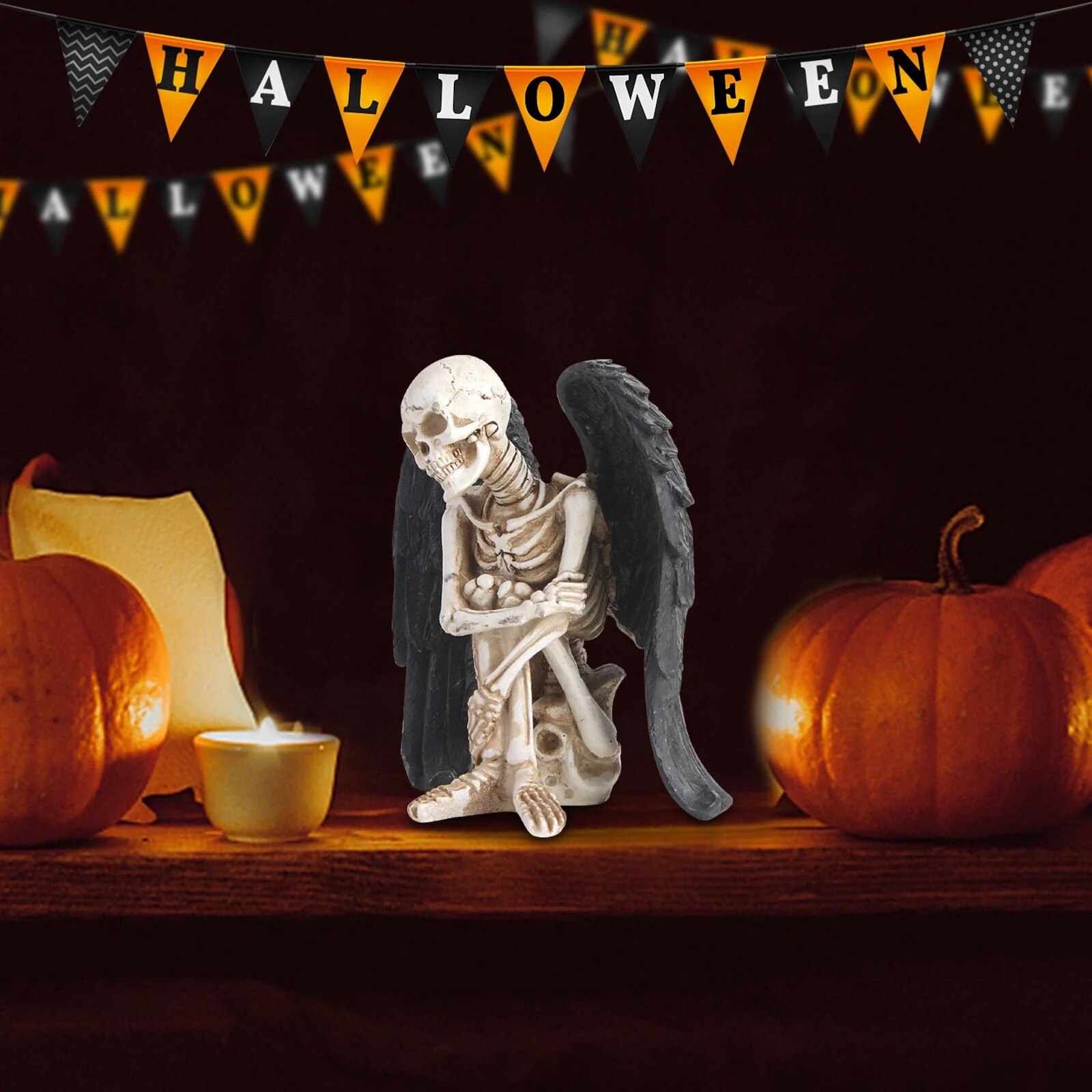 Statueta schelet ingereasca din rasina, 9.55x14x15cm, decor Halloween ...