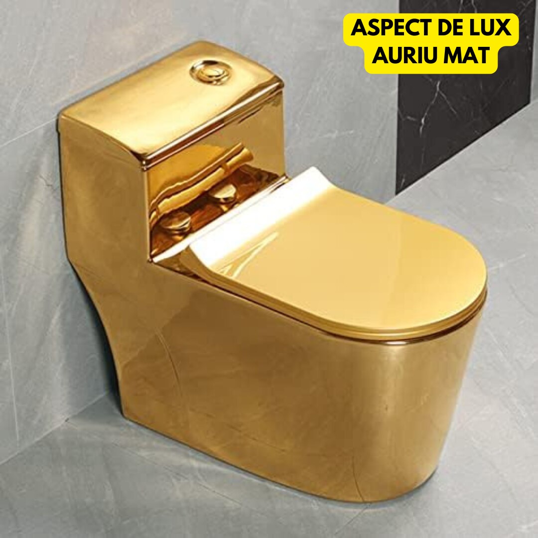Vas de toaleta cu design elegant si ergonomic, culoare auriu mat, capac ...