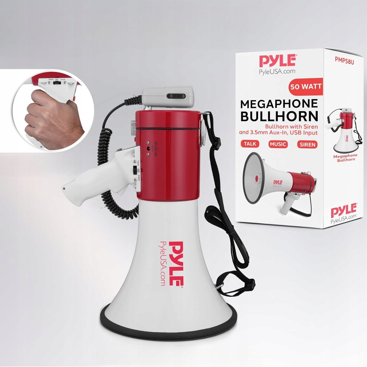 Megafon Pyle PMP58U 50W cu sirena, USB, 22.86x33.34cm, 1.30kg - eMAG.ro