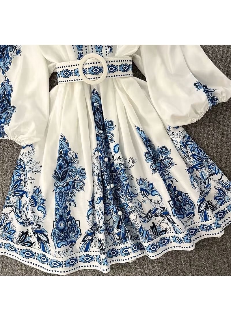 Rochie cu motive traditionale balcanice, albastru, marimea L - eMAG.ro