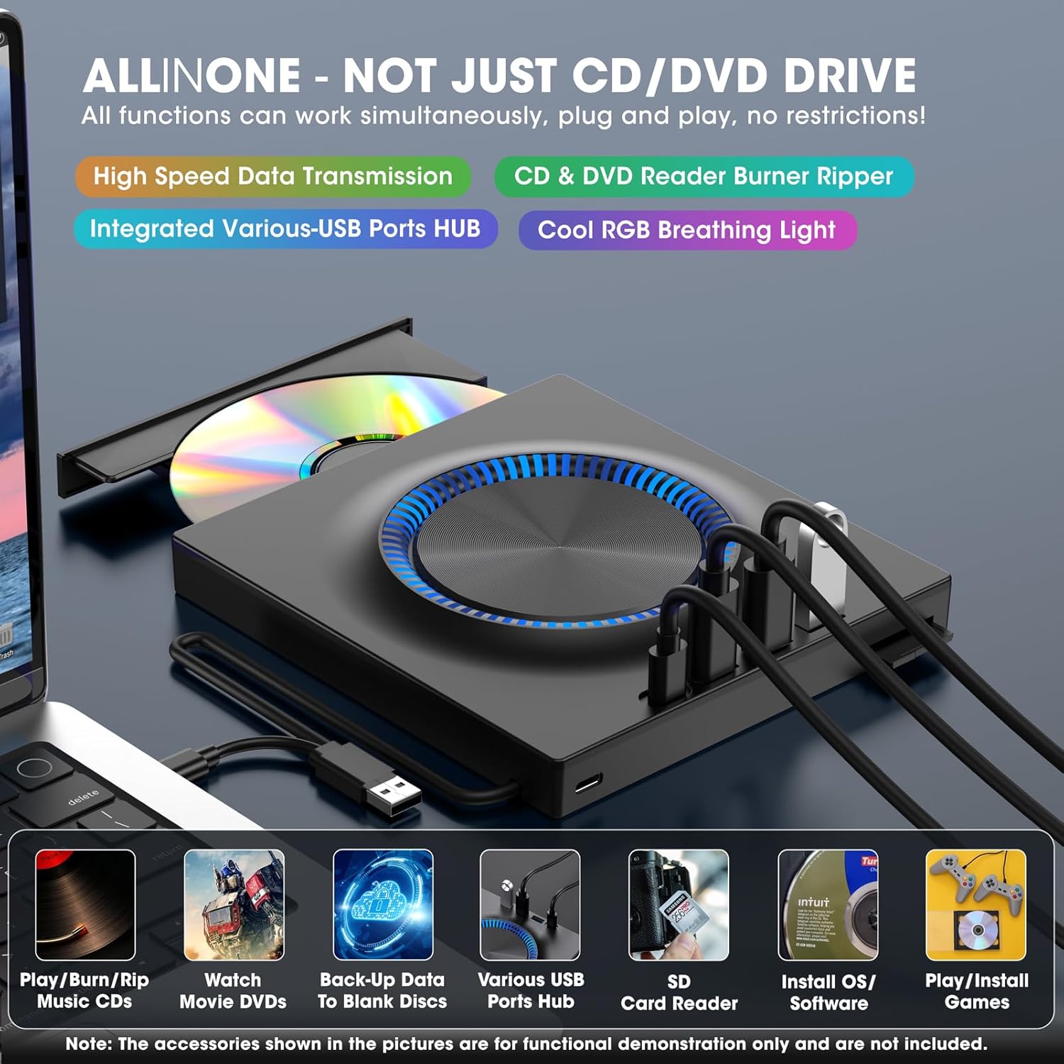 DVD Writer extern, Hesasa® ultra-subtire, DVD/CD/VCD +/-RW, suport M ...