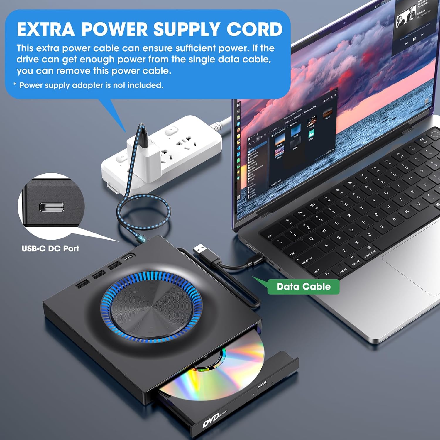 DVD Writer extern, Hesasa® ultra-subtire, DVD/CD/VCD +/-RW, suport M ...