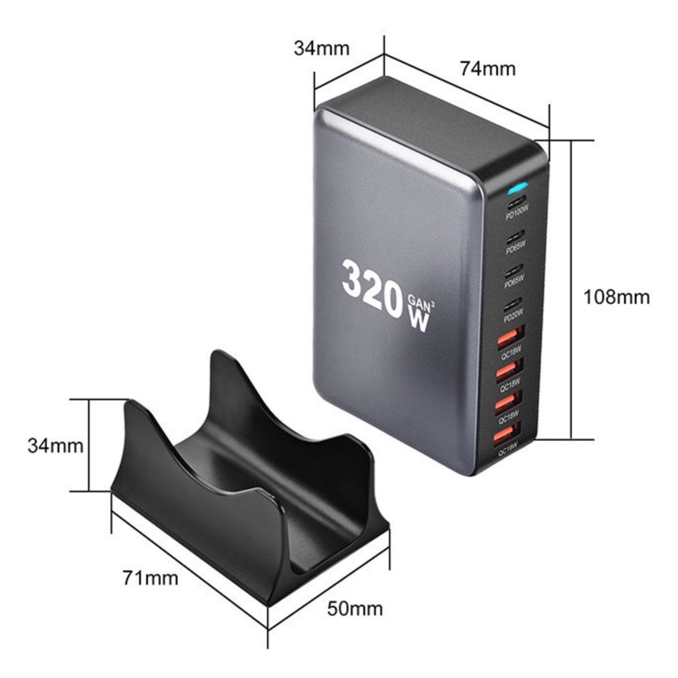 Statie de incarcare rapida multiport de pana la 320 W, 4 USB-C PD si 4 ...