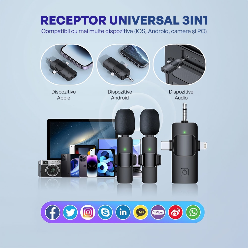 Set 2 microfoane profesionale lavaliera 3 in 1, USB C, 3.5 Jack, 2.4 ...