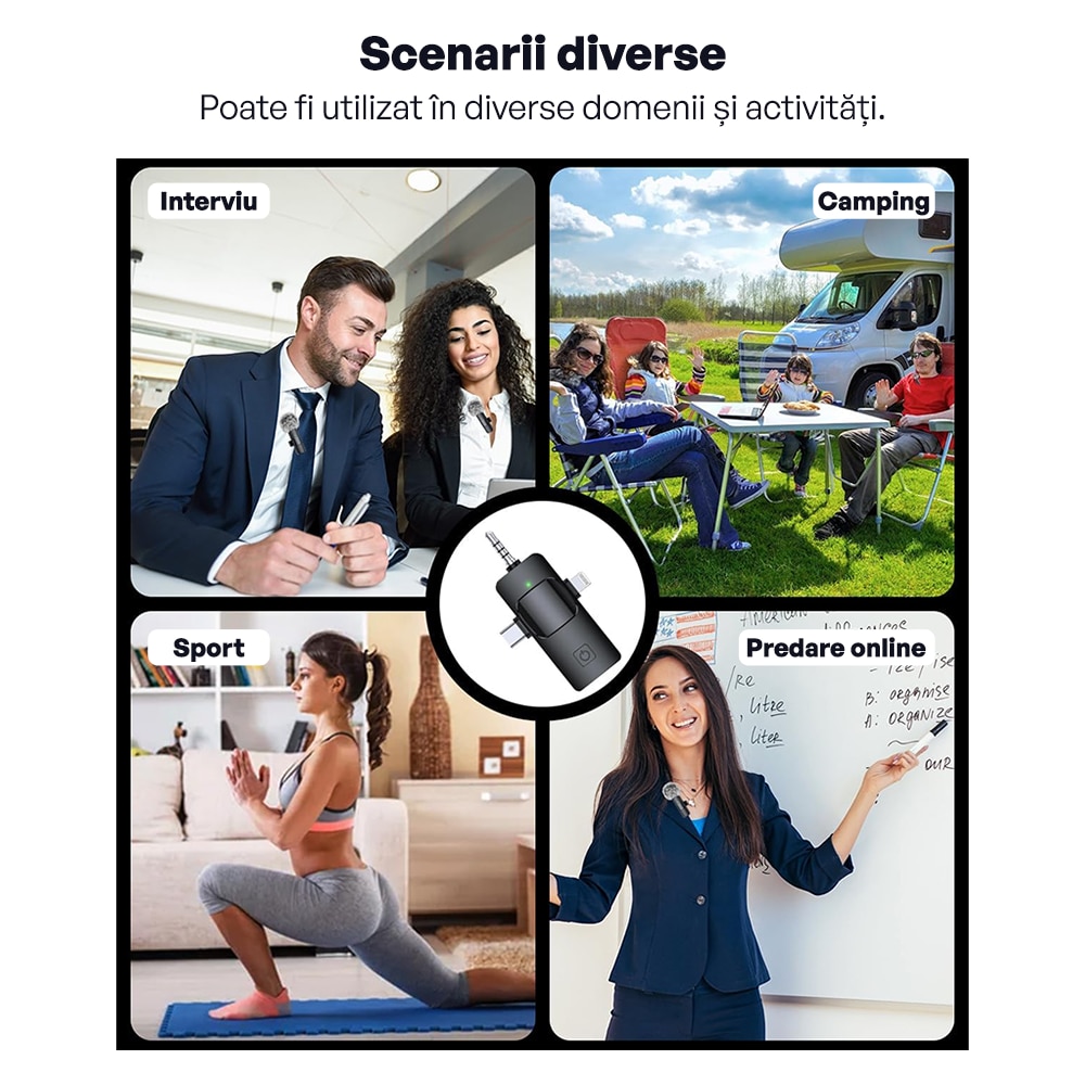 Set 2 microfoane profesionale lavaliera 3 in 1, USB C, 3.5 Jack, 2.4 ...