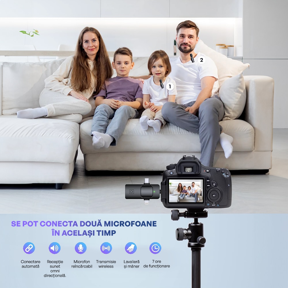 Set 2 microfoane profesionale lavaliera 3 in 1, USB C, 3.5 Jack, 2.4 ...