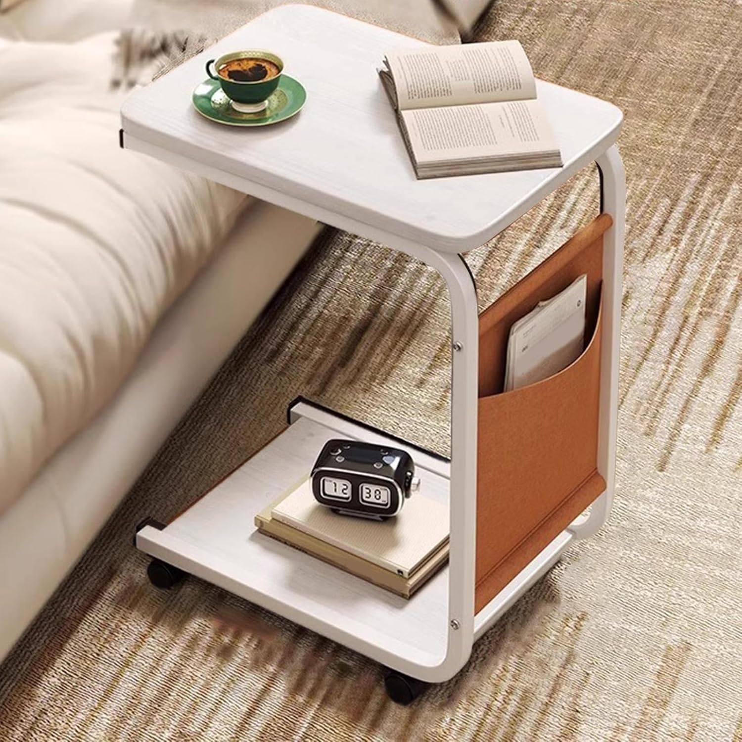 Masuta cafea cu rotile si spatiu depozitare, awwaline, lemn, alba, 2 ...