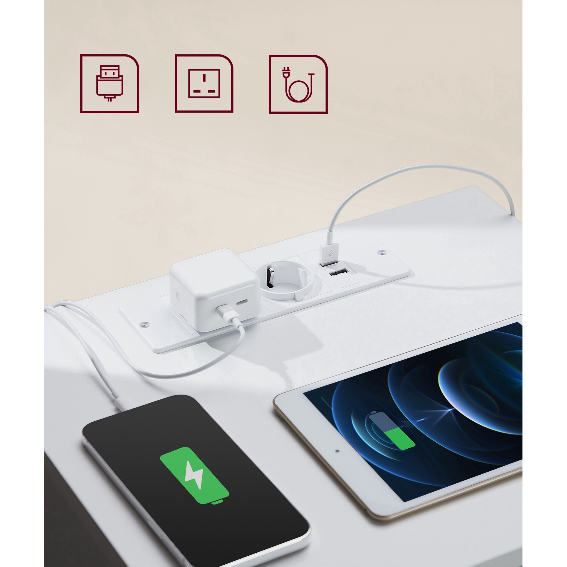 Noptiera cu priza, set de 2, cu 3 sertare, 2 prize AC, 2 porturi USB ...