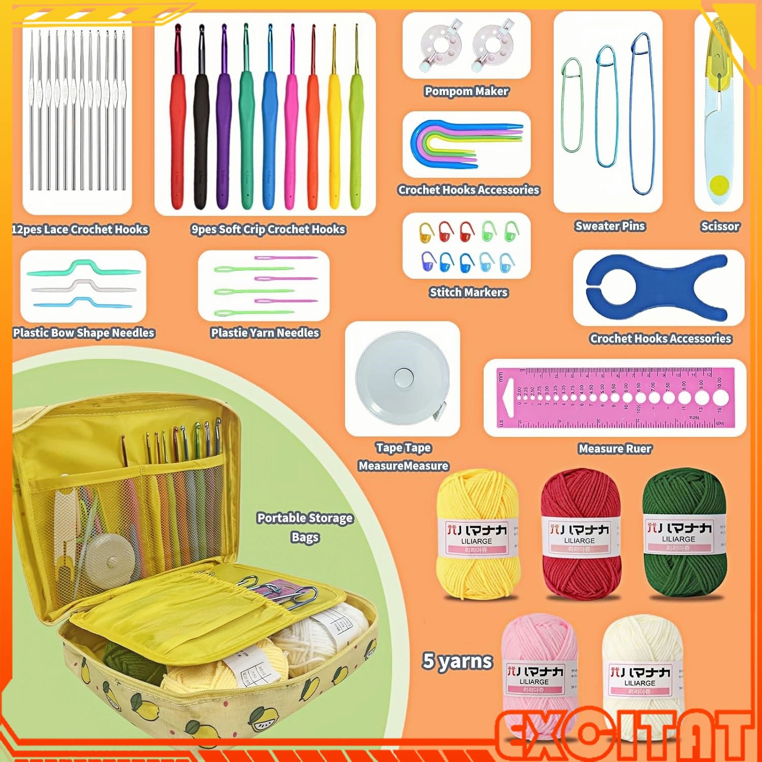 Set de crosetat, EXCITAT®, 107 Piese, Include carlige de crosetat ...