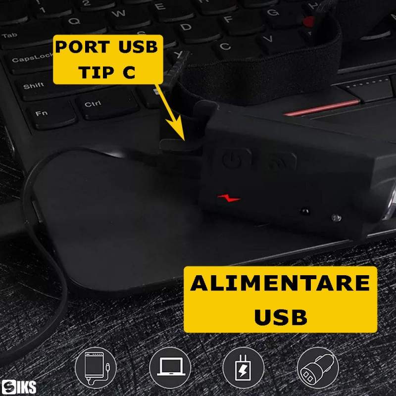 Lanterna De Cap LED SIKS, Cu 2 Benzi, Profesionala, Incarcare USB, 6 ...