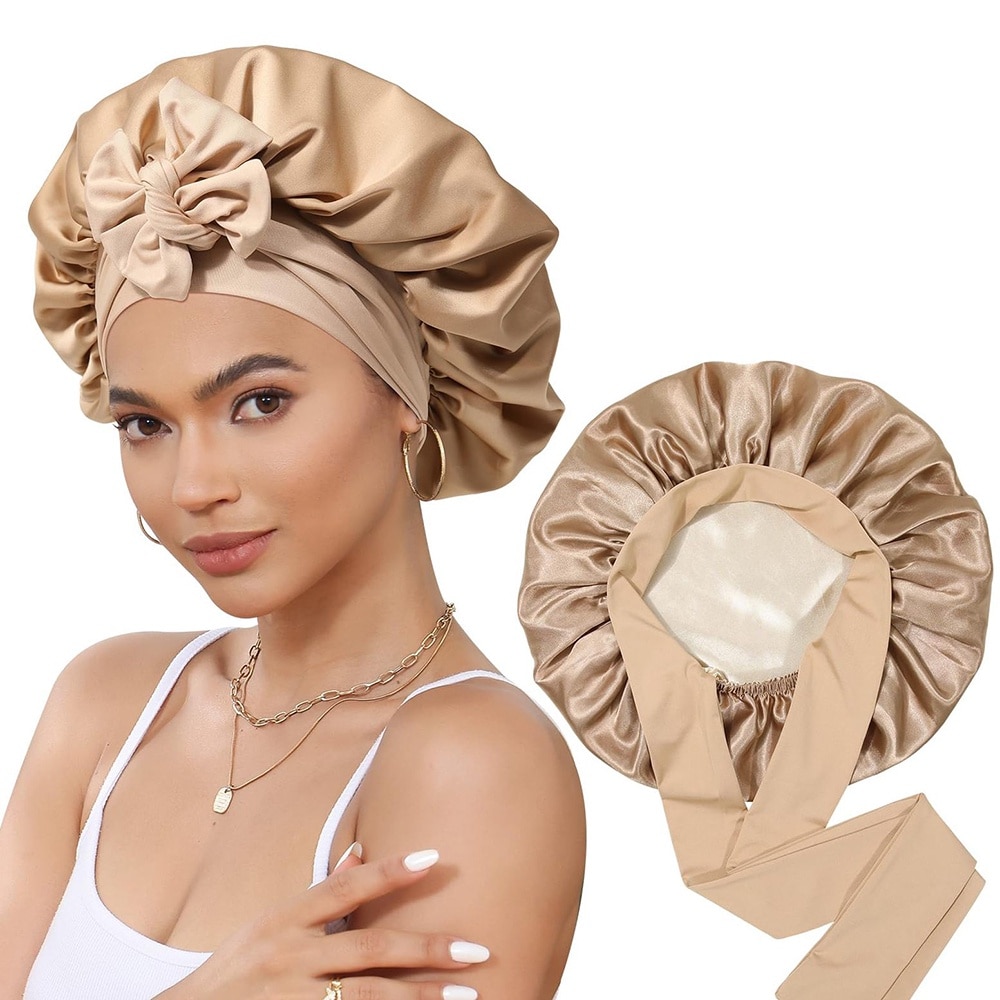 Boneta de satin, cu banda elastica lata, pentru protectia parului, 7cm x 147cm, Kaki - eMAG.ro