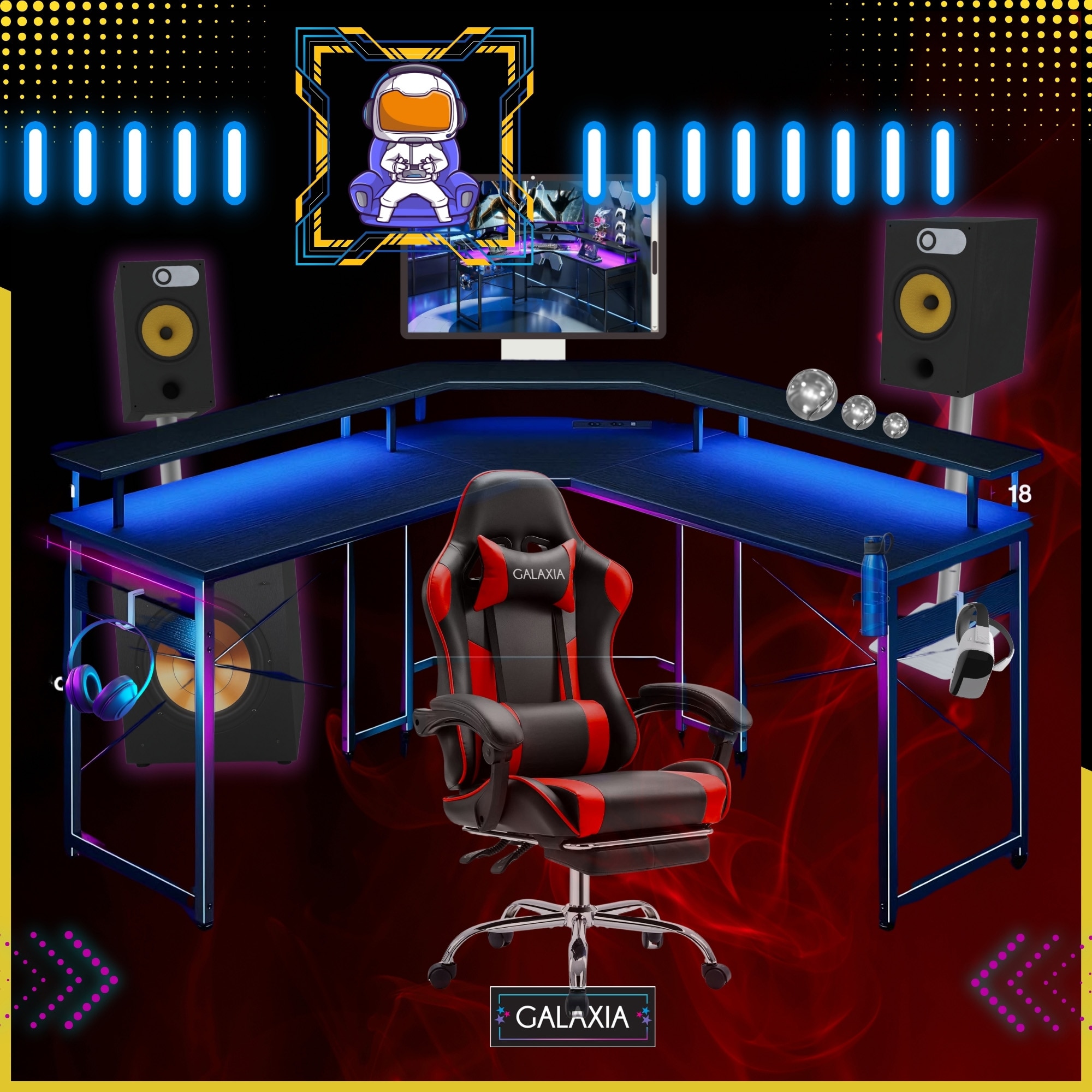 Birou Gaming Galaxia® 129x129x89 cm, Negru, cu LED, Suport Casti ...