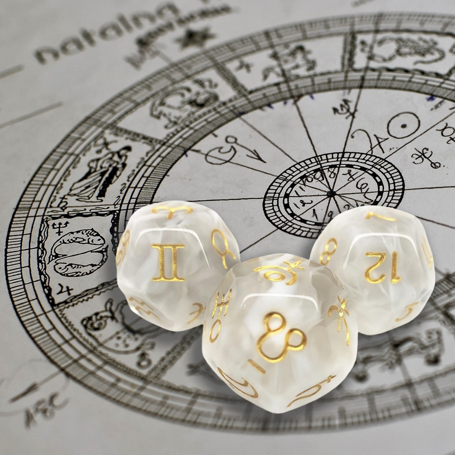 Set de zaruri pentru divinatie astrologica, cu sclipici, 3 zaruri cu 12 ...