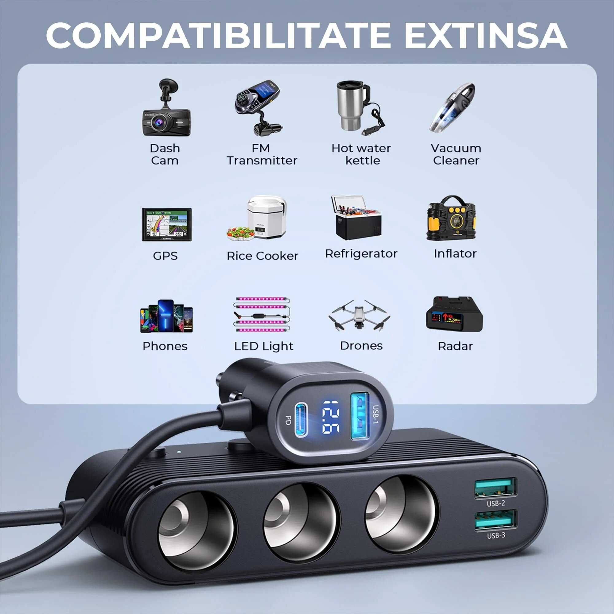 Adaptor priza Timebox, incarcator auto 7 in 1 multiplicator 139W, 3x ...