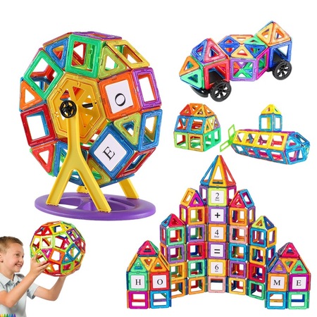 Set de constructie magnetic, 84 piese, blocuri triunghiulare, patrate ...