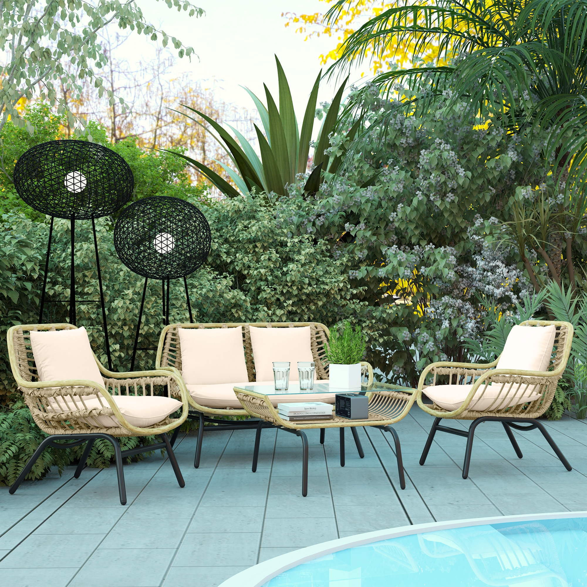 Outsunny Set mobilier de gradina din ratan si metal, 4 piese, canapea ...