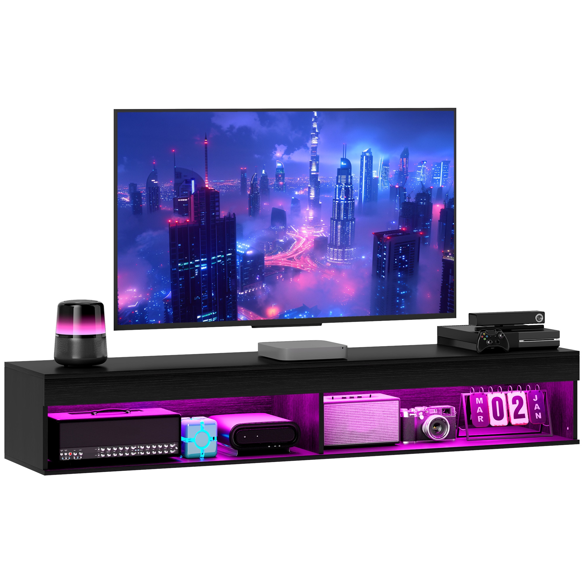 Comoda TV HOMCOM cu Lumini LED 16 Culori, 180x40x30 cm, Negru - eMAG.ro