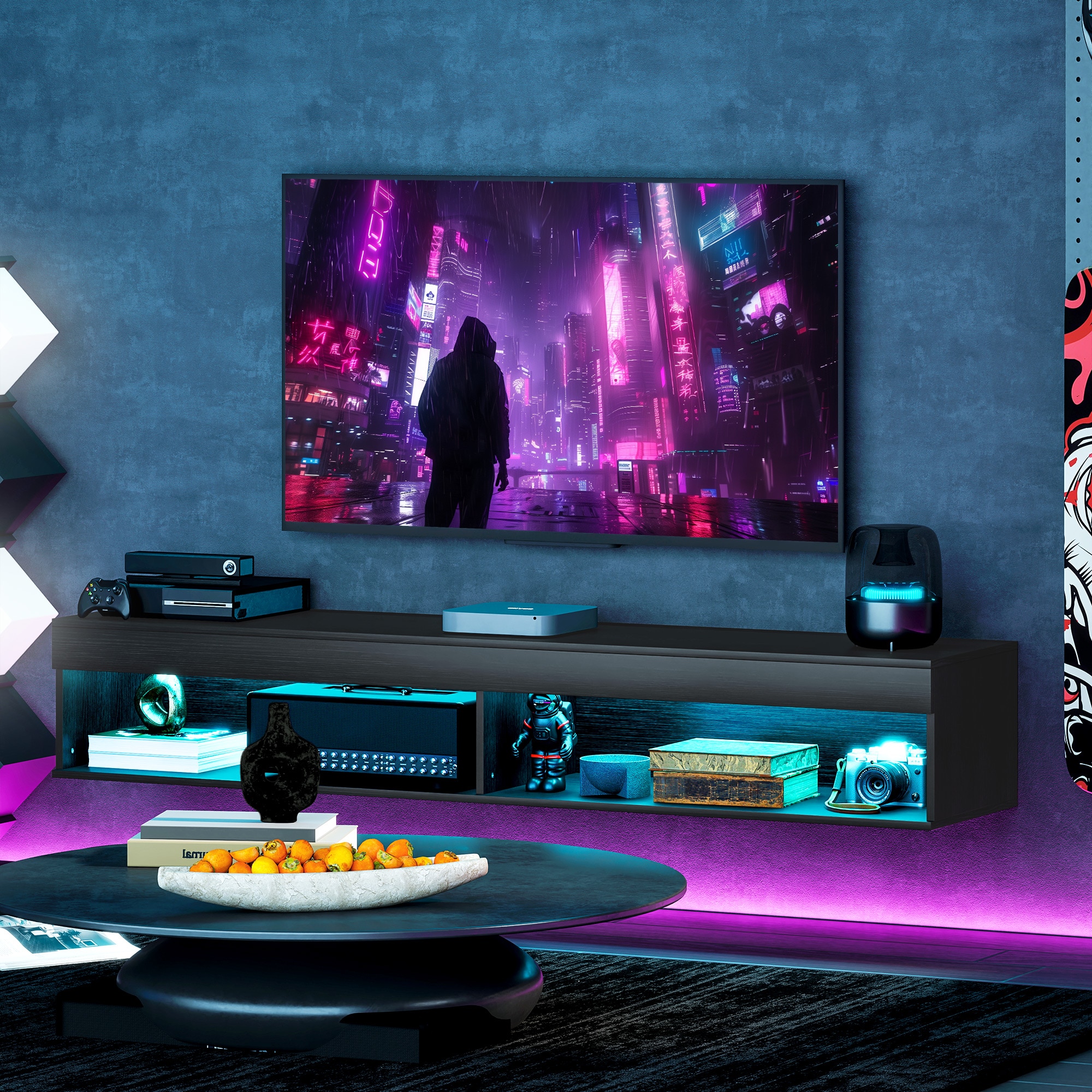 Comoda TV HOMCOM cu Lumini LED 16 Culori, 180x40x30 cm, Negru - eMAG.ro