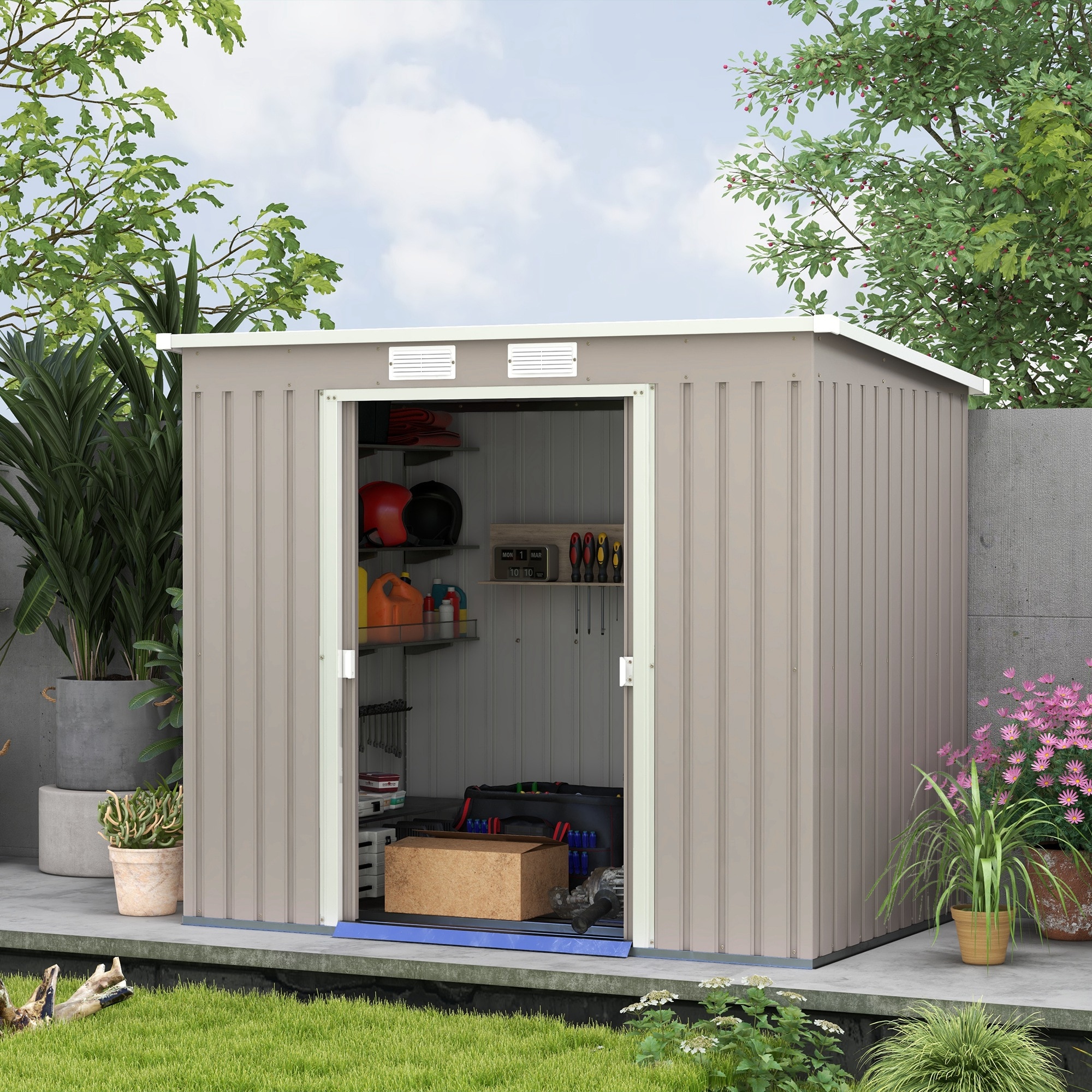 Magazin de gradina Outsunny 2,42 m² cu acoperis inclinat, intrare dubla ...