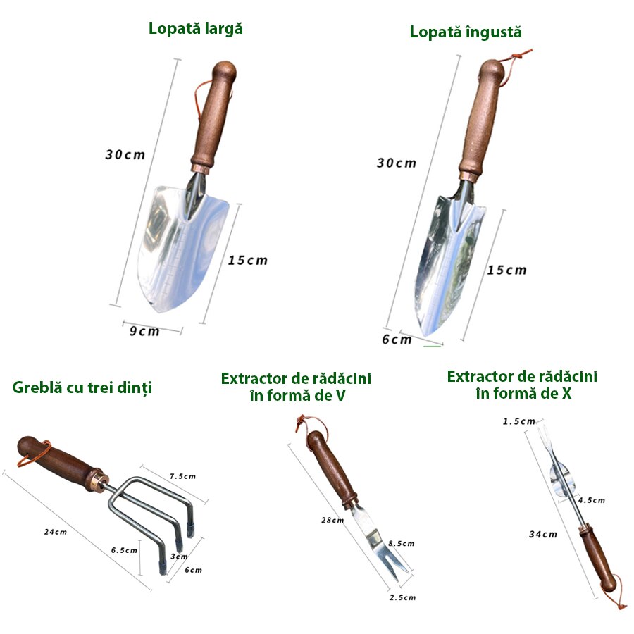 Set de 5 unelte de gradinarit, incluzand lopeti, greble si extractoare ...