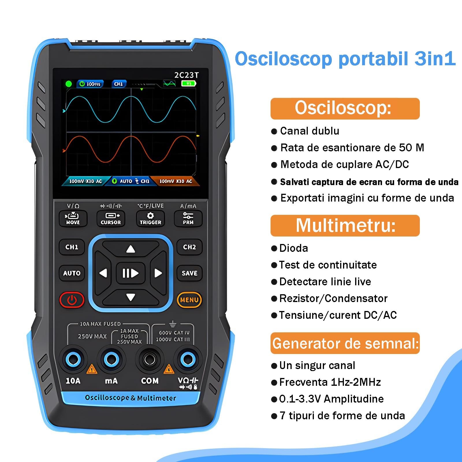 Osciloscop digital portabil cu multimetru si generator de semnal DDS, ecran LED, Reincarcabil ...