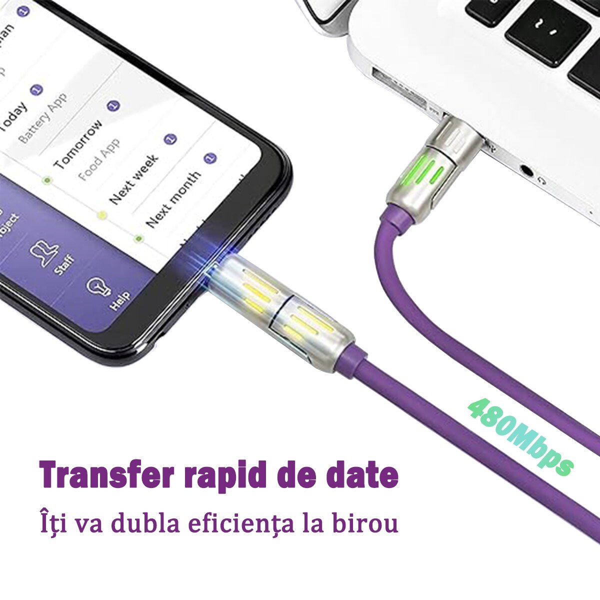 Cablu de date 4-in-1, 1m, USB-A, Lightning, Type-C, Violet, 240W - eMAG.ro