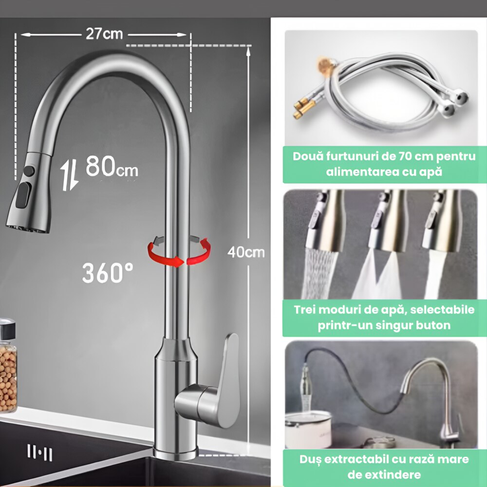 Baterie bucatarie Premium multifunctionala, pipa inalta, robinet cu dus ...