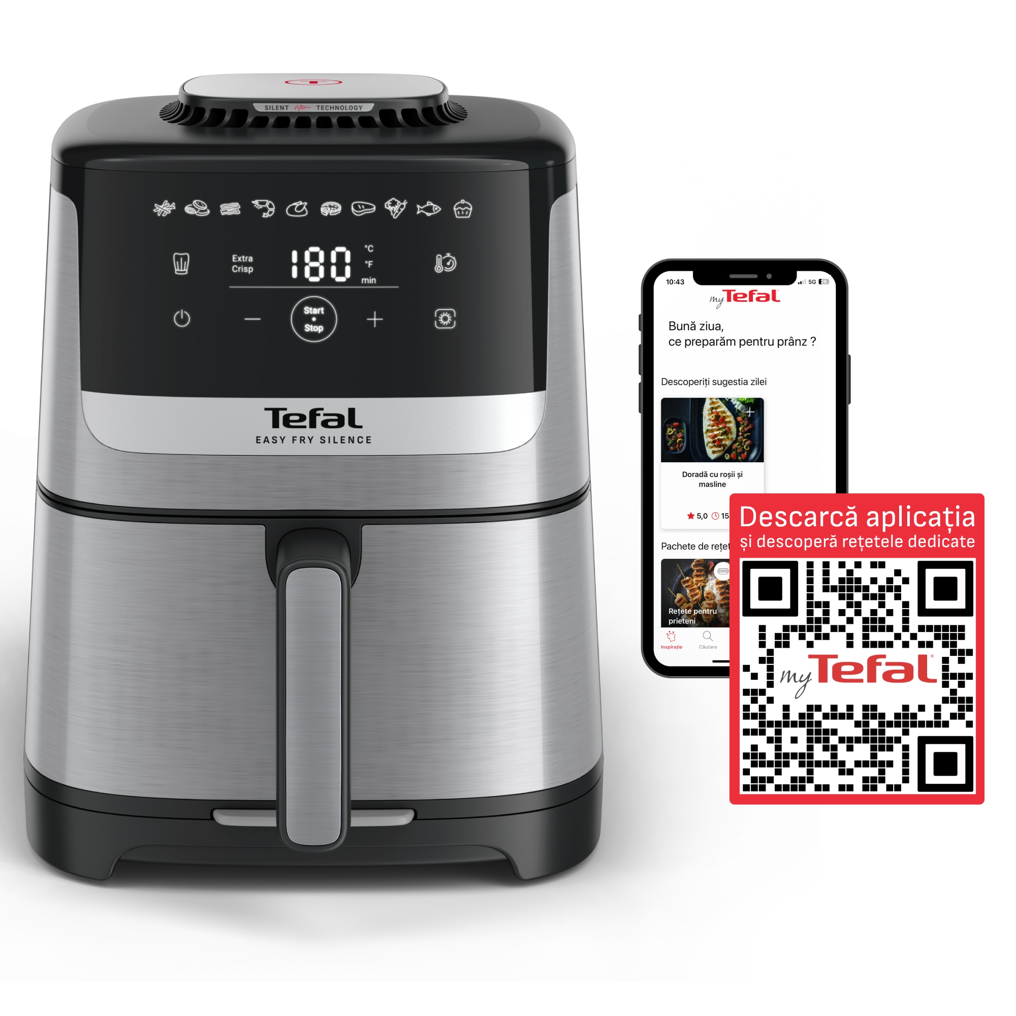 Фритюрник с горещ въздух Tefal Easy Fry Silence EY552DE0, 1670W, 5 л, 10 автоматични програми ...