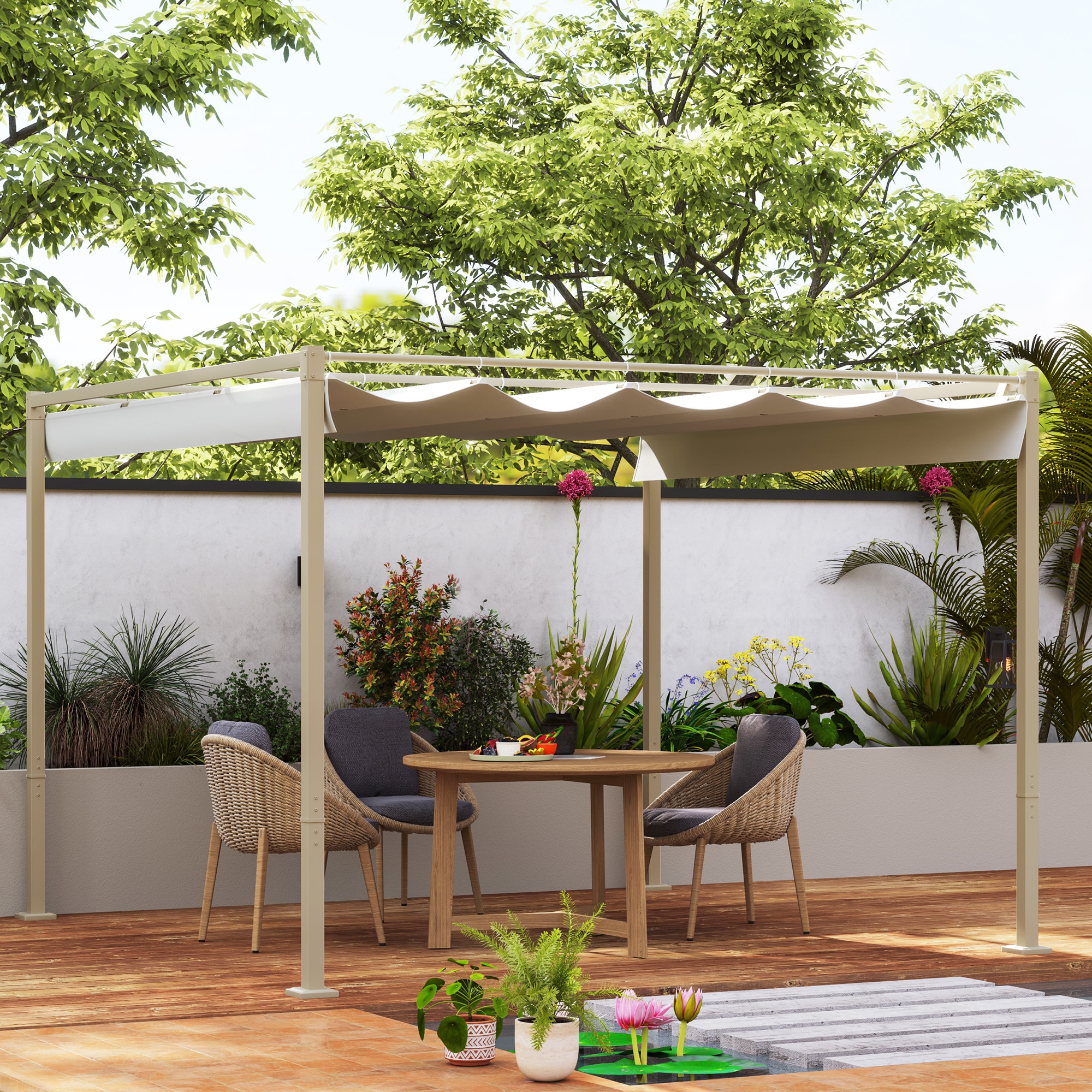 Pergola cu baldachin pliabil retractabil rezistent, Outsunny, Structura ...