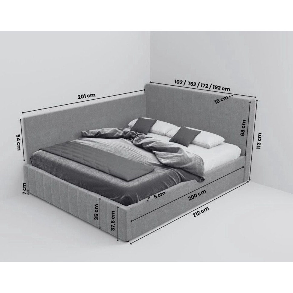 Pat tapitat de colt Maldive, cadru lemn si pal, 140x200 cm, albastru ...