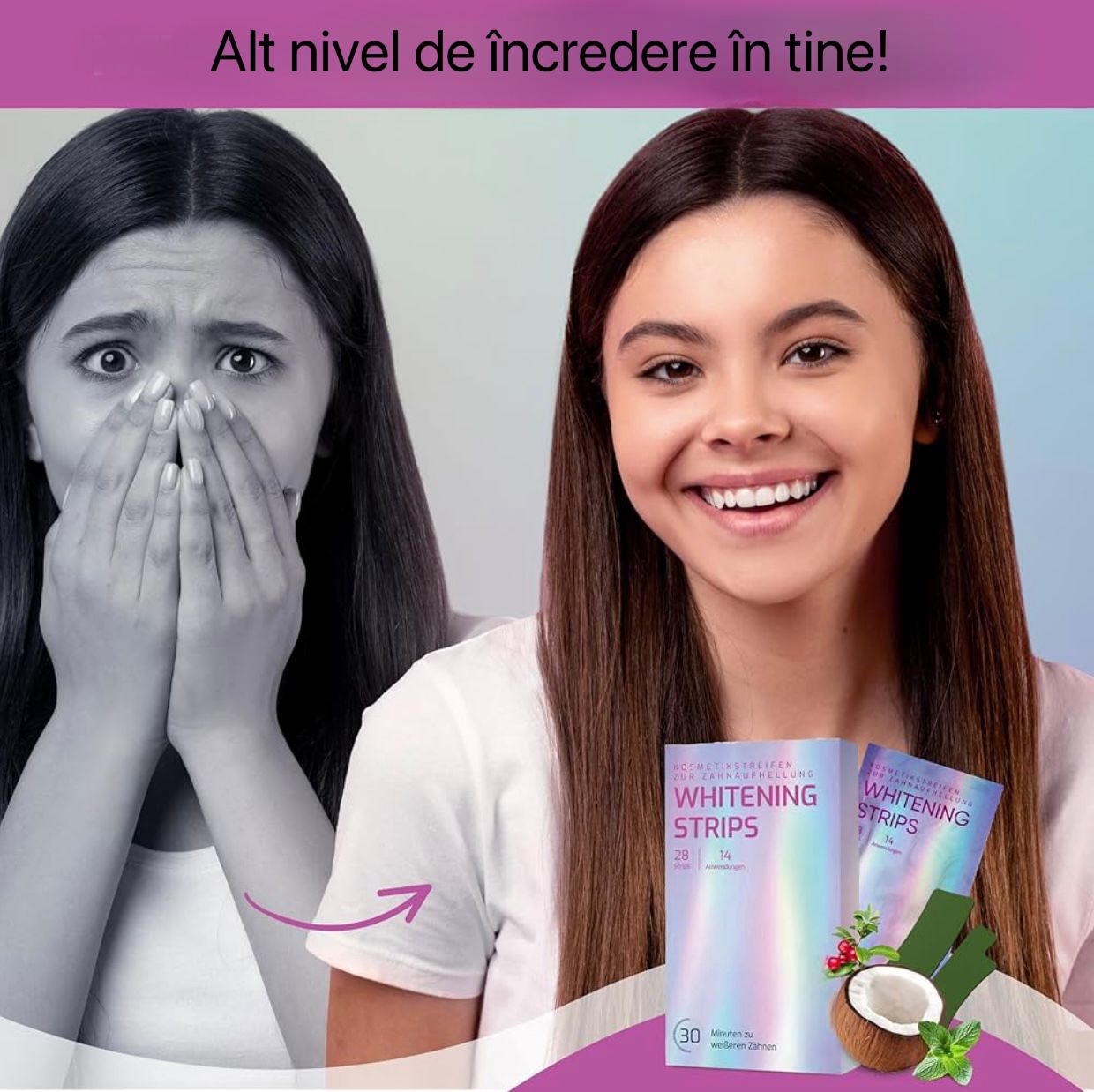 Benzi de Albire a Dintilor fara Peroxid, Kit 14 Tratamente (28 Benzi ...