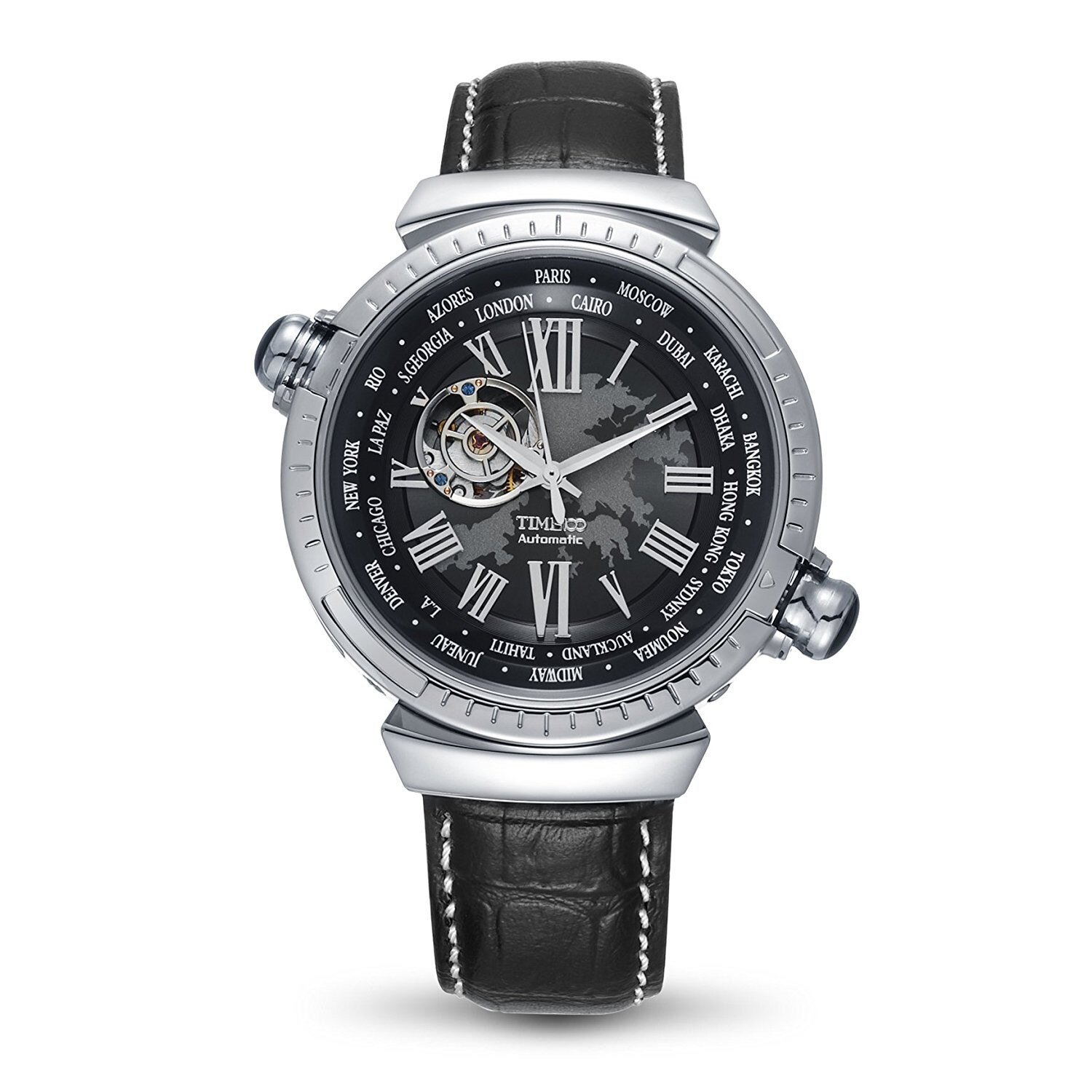 Ceas automatic GMT business elegant argintiu cu negru pentru barbati ...