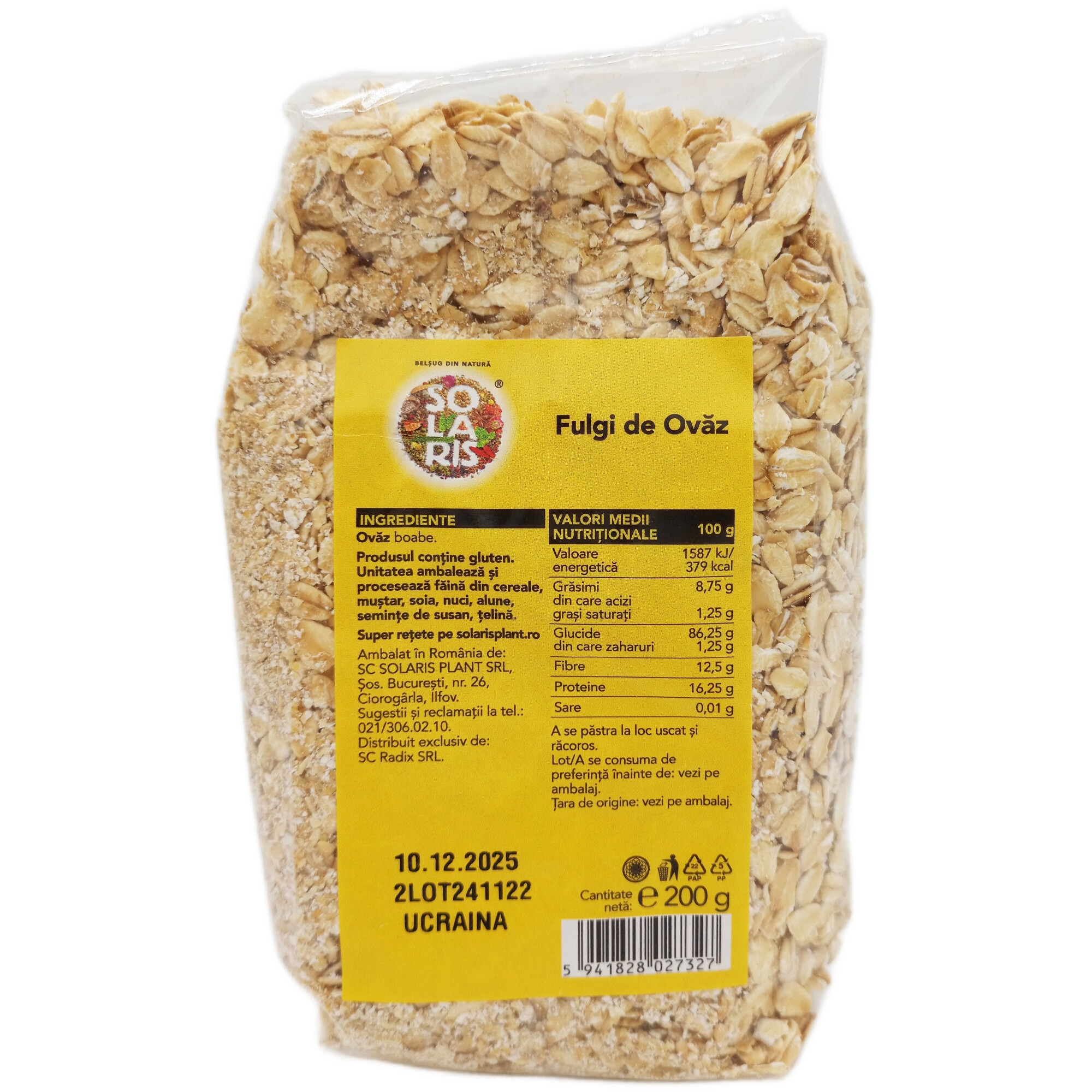 Fulgi de Ovaz integrali, 100% naturali, 200g, Solaris Plant - eMAG.ro