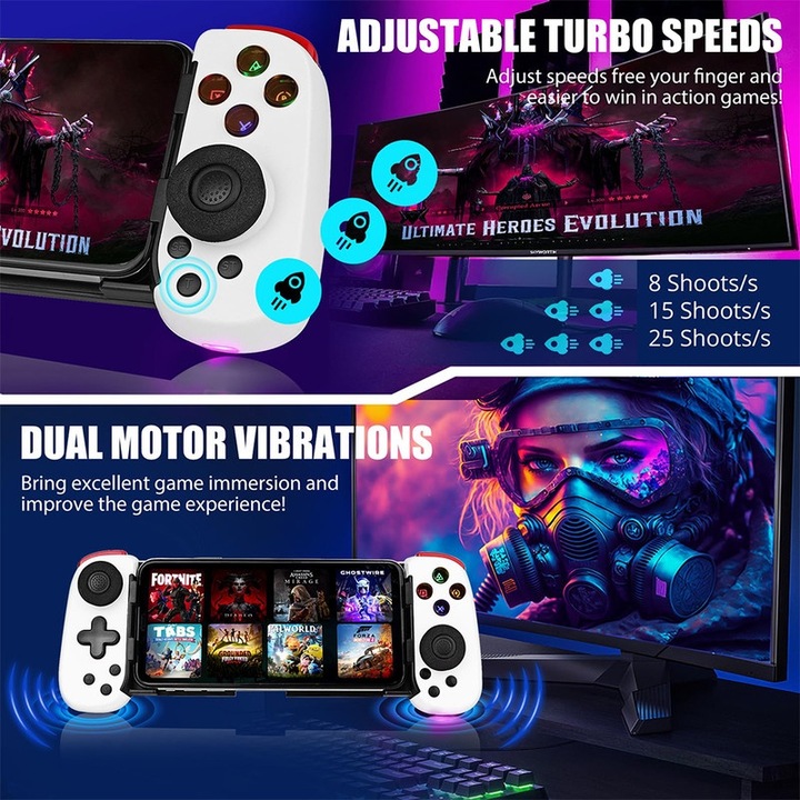 Gamepad pentru jocuri, JESWO®, Turbo, vibratie duala, alb, 350mAh - eMAG.ro