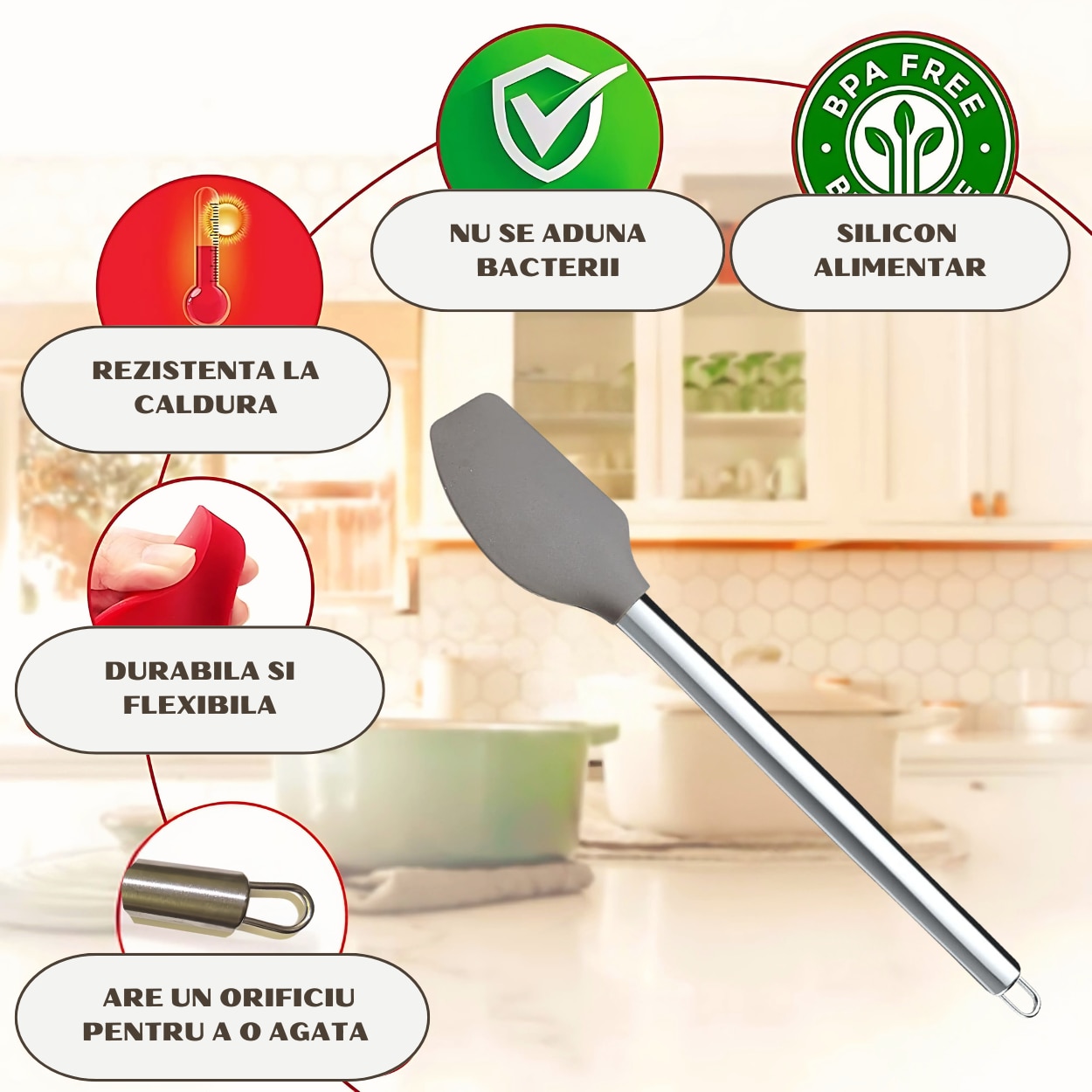 Spatula Bucatarie, din Silicon cu Maner din Inox, Rezistenta la caldura ...