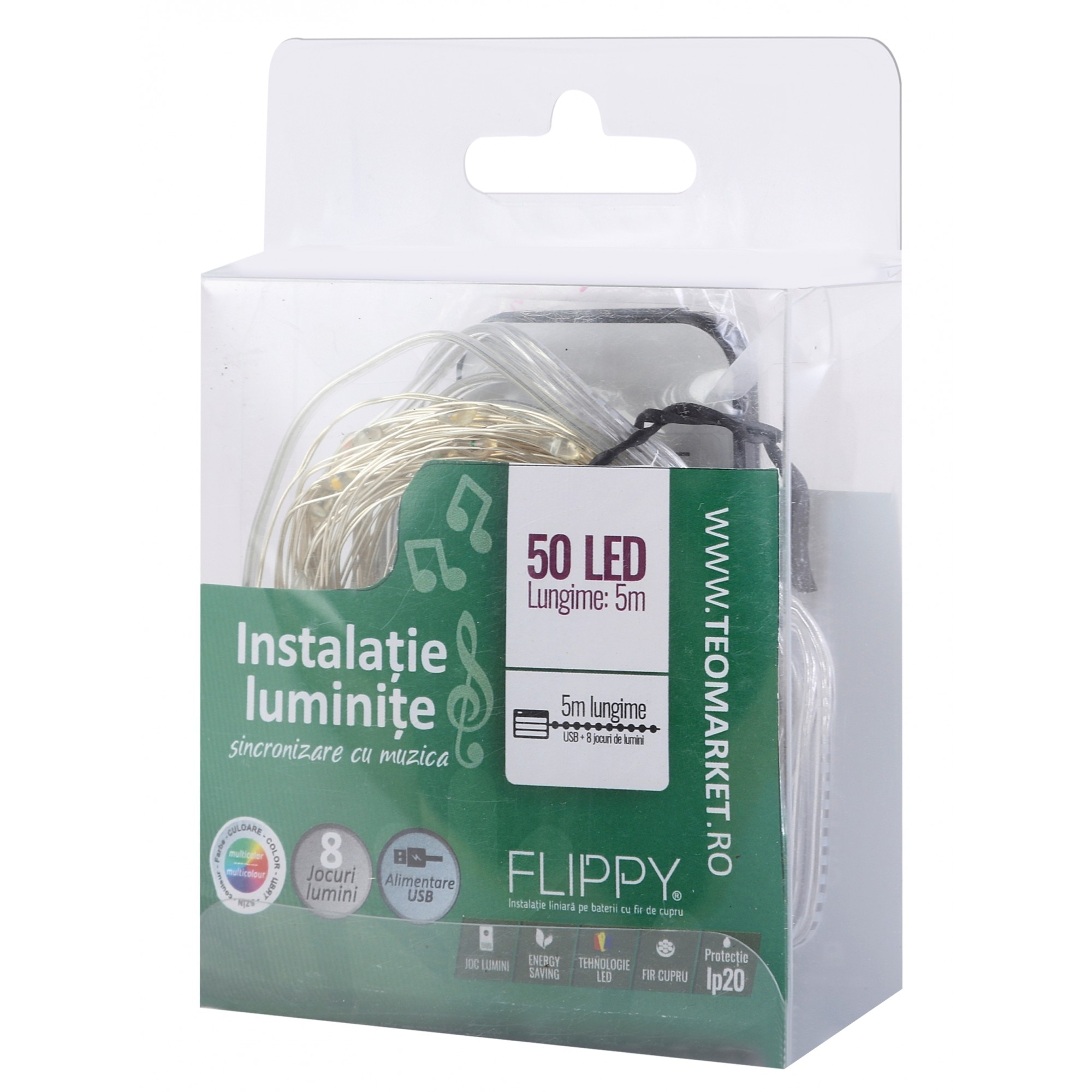 Instalatie Craciun, 5 metri, 50 LED-uri, multicolor RGB, sincronizare ...